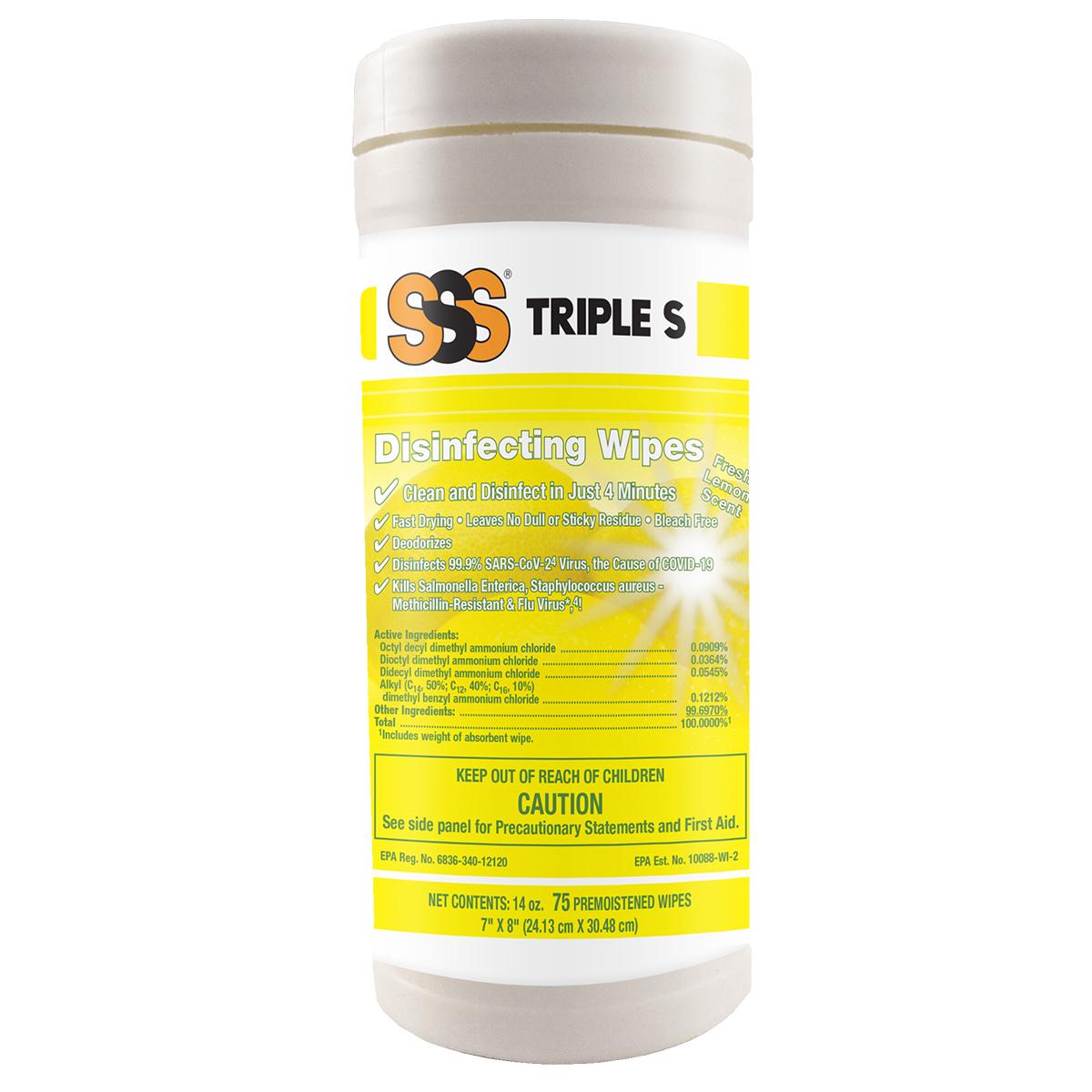 SSS Disinfecting Cleaning Wipes, 7"x8", 6/75 CT | Triple S